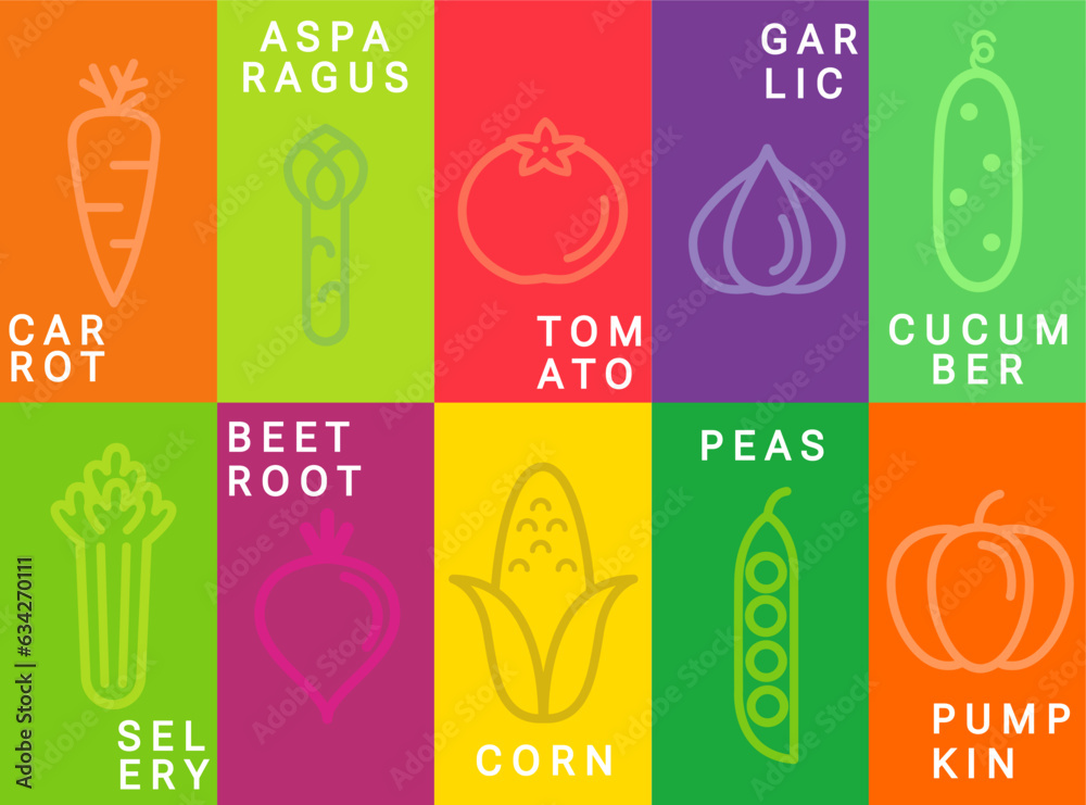 Bright vegetables cards in simple minimal style.Carrot,corn, tomato and ...