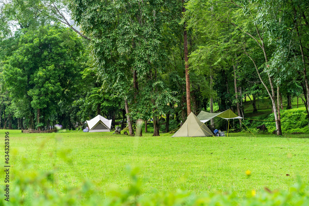 nature landscape camping or glamping cabin tent on green grass or lawn ...