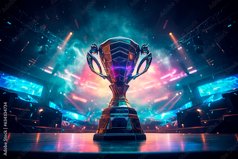 The esports winner trophy standing on the stage in the middle of the ...
