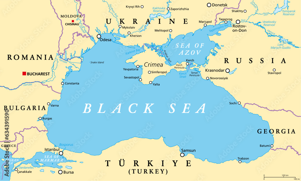 Black Sea region, political map. Located between Europe and Asia, with ...
