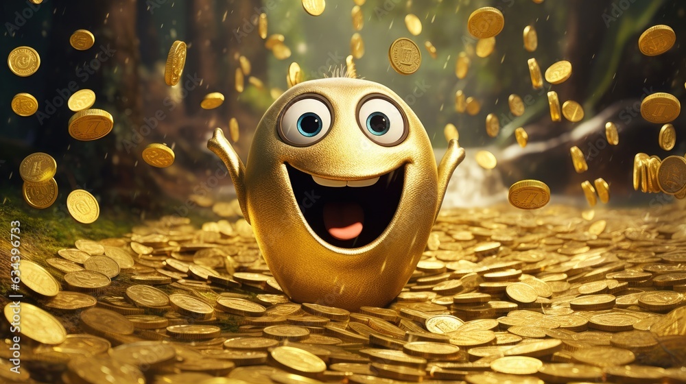 Happy smiling emoji with crazy look stand in the rain of gold coins ...
