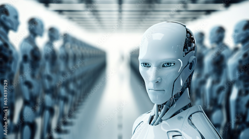 Minimalistic scene with Crowd of white robots, showcasing advanced AI, machine learning, and ...