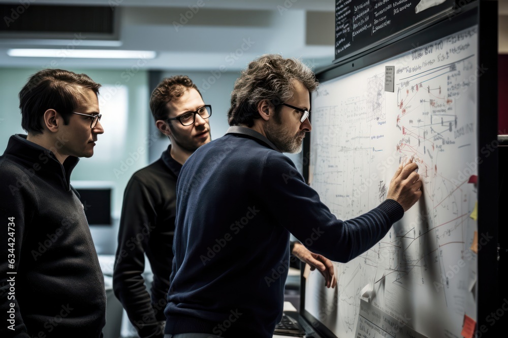 researchers huddled around a whiteboard, notes and diagrams, sparking ...