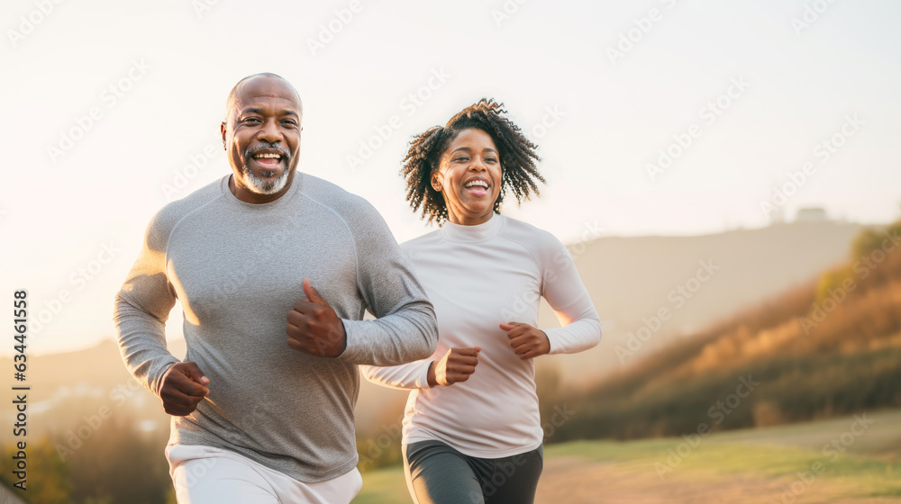An african american couple of middle aged adults running in the morning ...