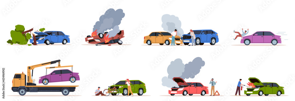 Accidents on road. Collided and overturned cars, vehicle hits ...