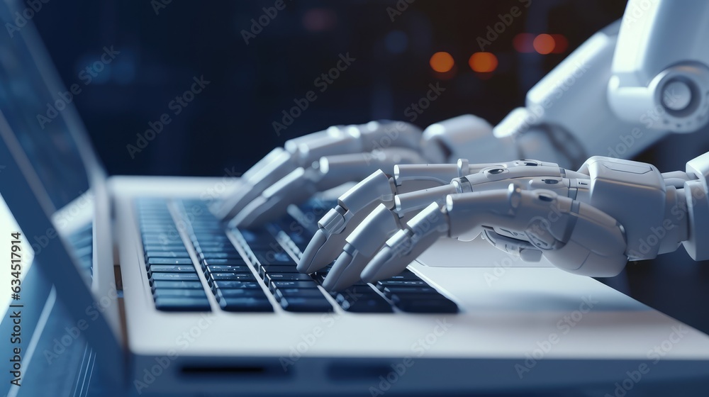 White Ai robot working and looking on monitor screen computer lab, high ...