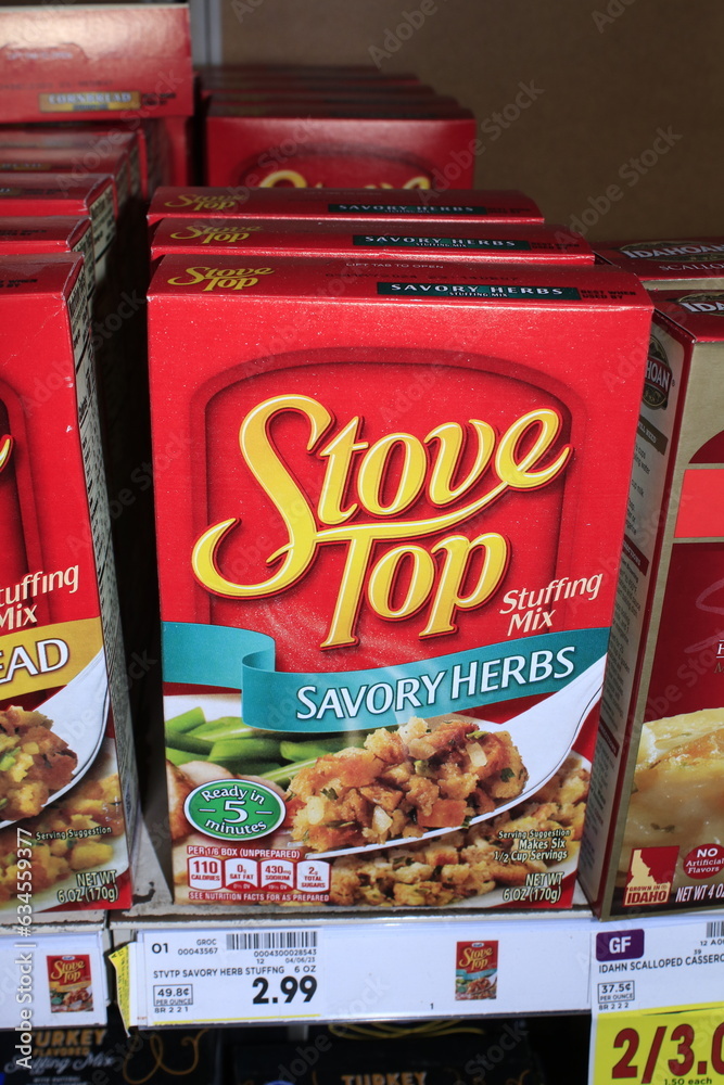 Stove Top Stuffing Mix in boxes on a shelf Stock Photo | Adobe Stock