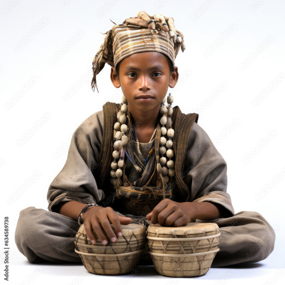 Studio shot of a Burmese (Myanmarese) 8-year-old boy in traditional ...