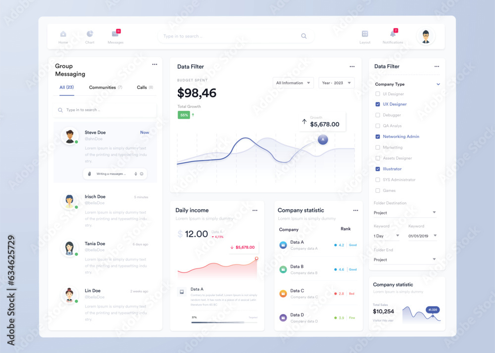 Infographic dashboard. UI UX design with graphs, charts and diagrams ...