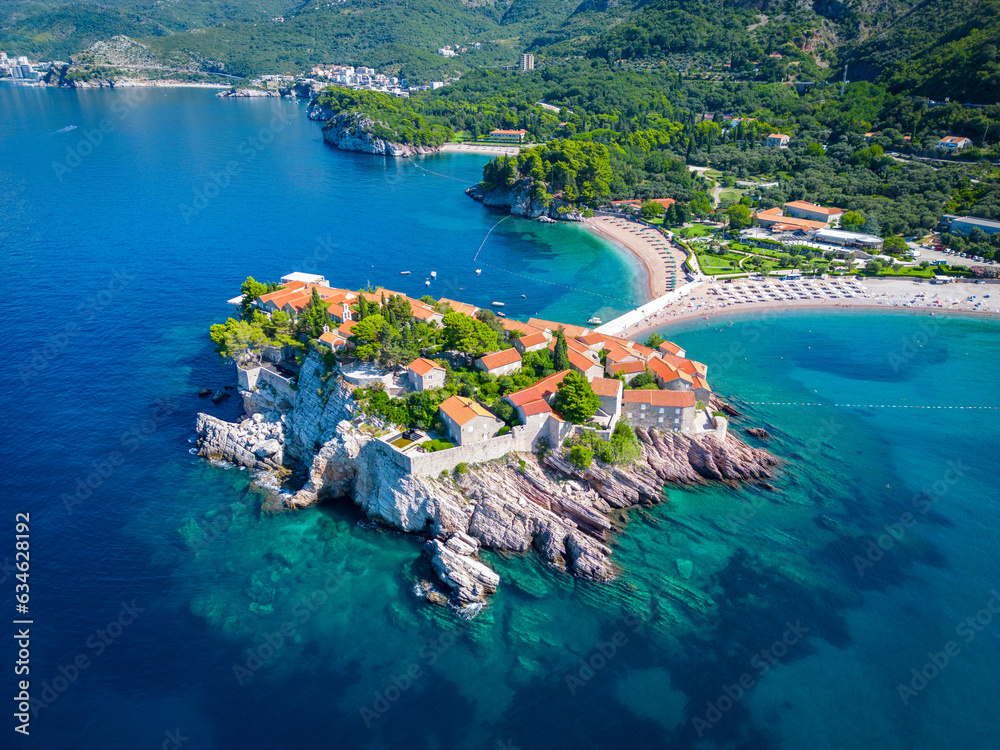 Island of Sveti Stefan near Budva in Montenegro. Beaches and coastline ...