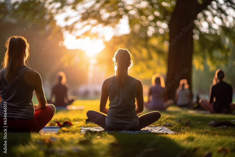 group of people doing yoga_in a park. Stock Illustration | Adobe Stock