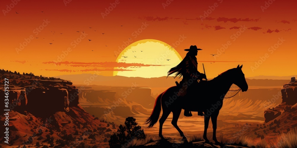 Silhouette of Indian chief on horseback, landscape with sunset, wild ...