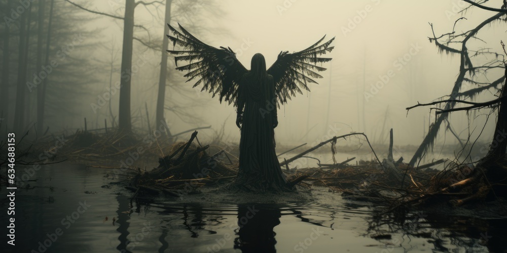 Petrified fallen angel covered in dirty mud and black oil with tarred ...