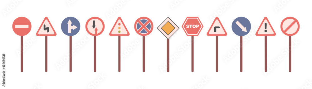 Set of road signs isolated flat cartoon vector illustration. Street ...