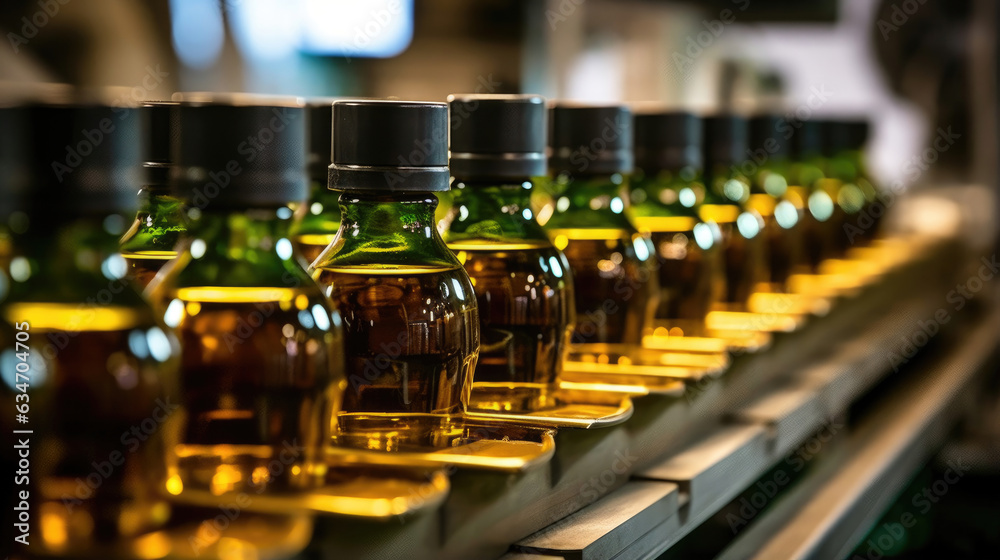 Cooking oil-filled bottles moving gracefully along a conveyor belt in a ...
