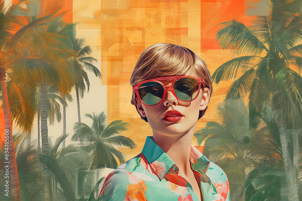 Girl in red sunglasses in front of palm trees collage pop art style pin ...