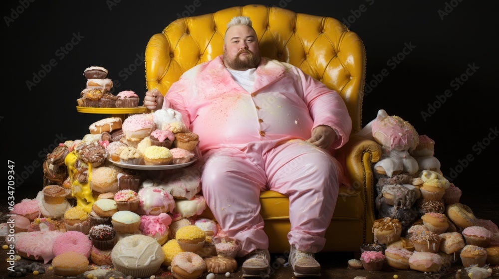 A fat man sits on a mountain of donuts, cakes and sweets. Eating sweets ...