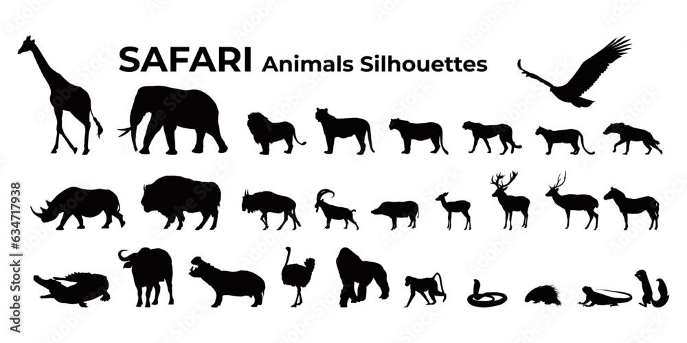 Vector set of detailed african animals silhouettes isolated on white ...