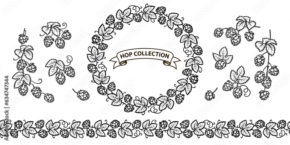 Set of beer hop branches, cones, beer hop seamless border and ...