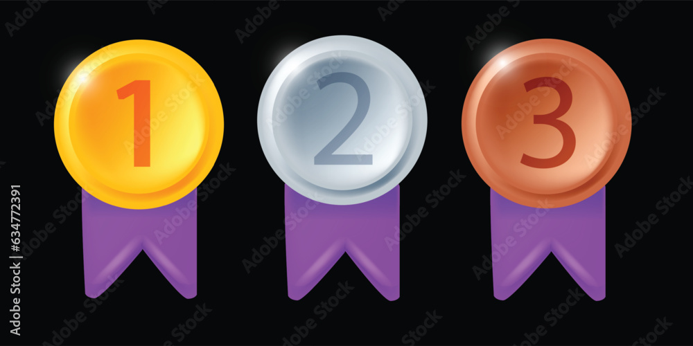 3D medal game level up set, vector UI golden silver bronze badge kit ...