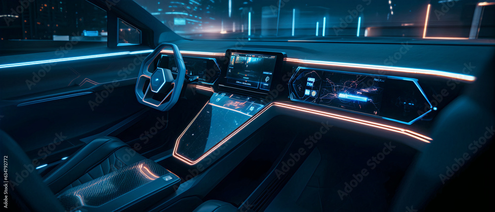 advanced autonomous car cockpit, holographic interface meets luxury ...