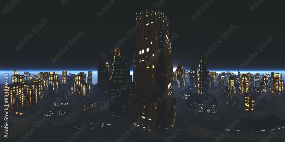 Night city, Cityscape, Environment map. HDRI map. Equirectangular ...