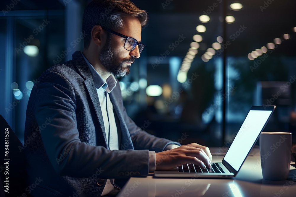 Professional man typing, working overtime in an office. an employee who uses computers to create ...