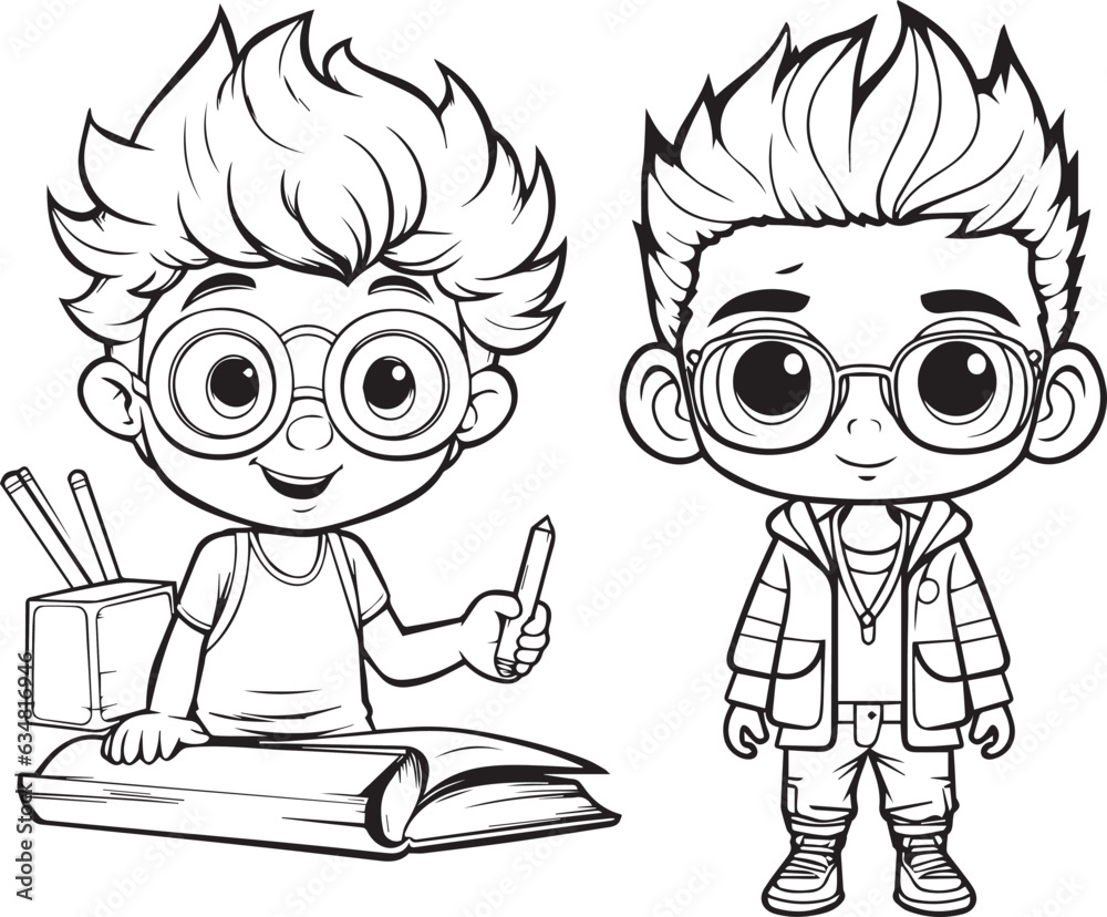 Kid Coloring book character of school teacher and boy, black outline ...