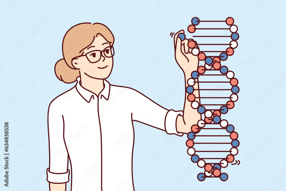 Woman geneticist studies DNA chain standing near genome molecule and ...