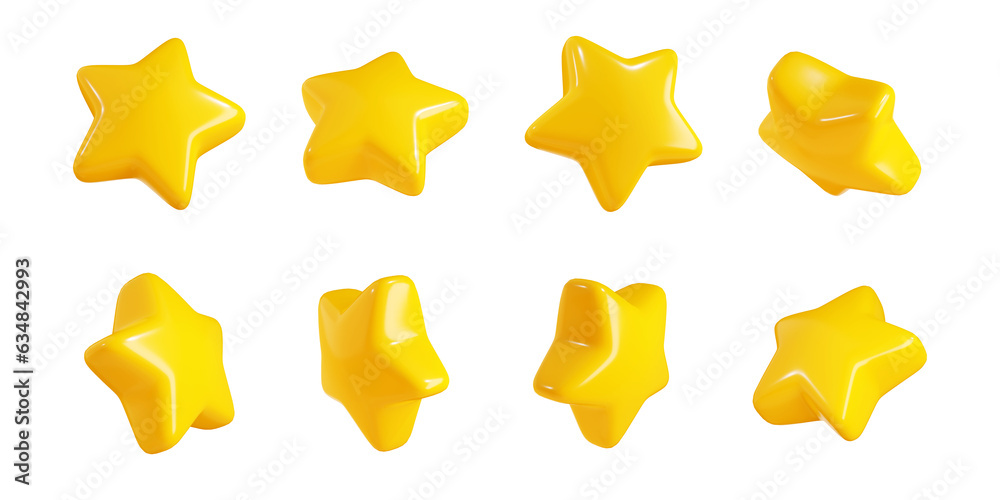 Floating yellow glossy star in different angles 3d illustration ...