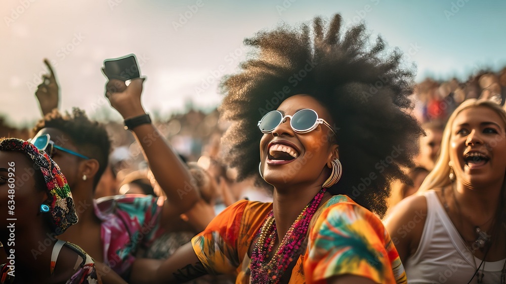African American woman with afro crowd surfing looking at camera, crowd ...