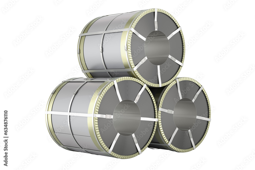 Stack stainless steel coils. Rolls of steel sheet, 3D rendering ...