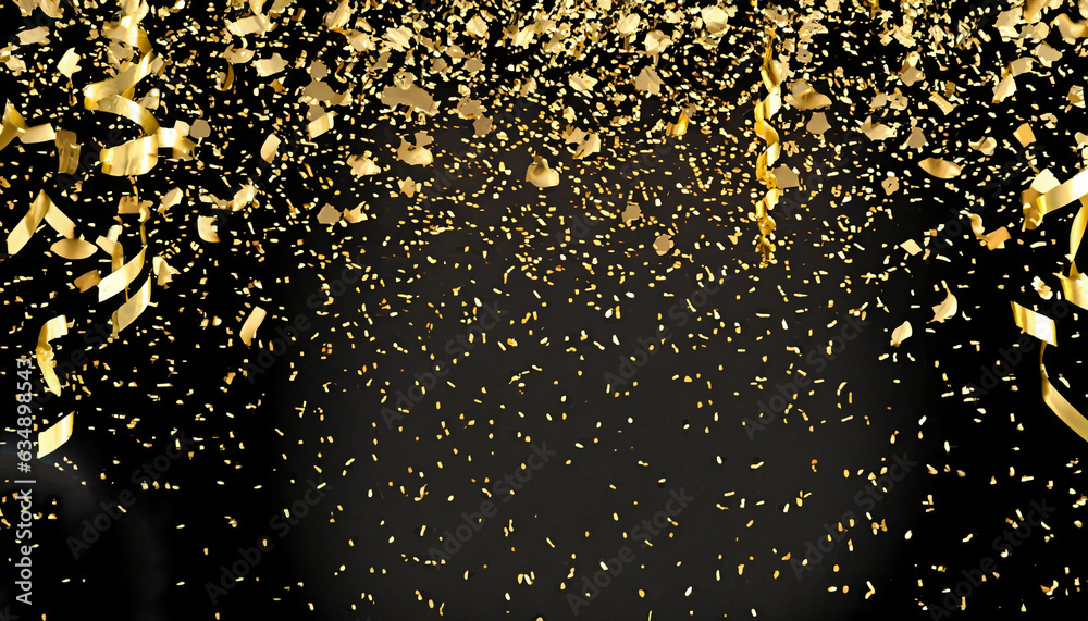 raining gold confetti isolated on black, party background concept with ...