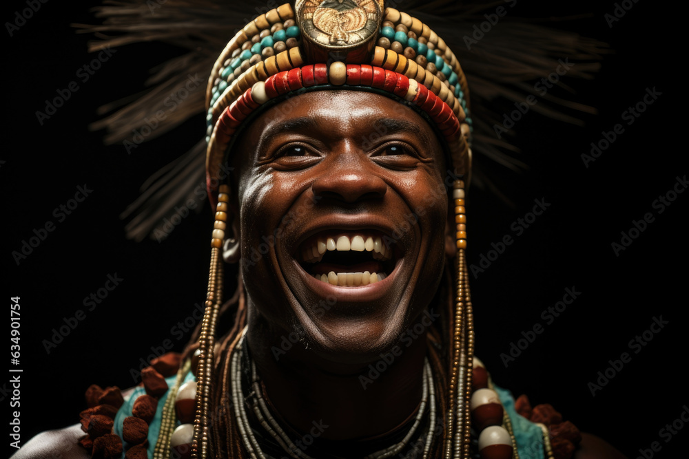 A muscular African man wearing traditional clothing and a headdress ...