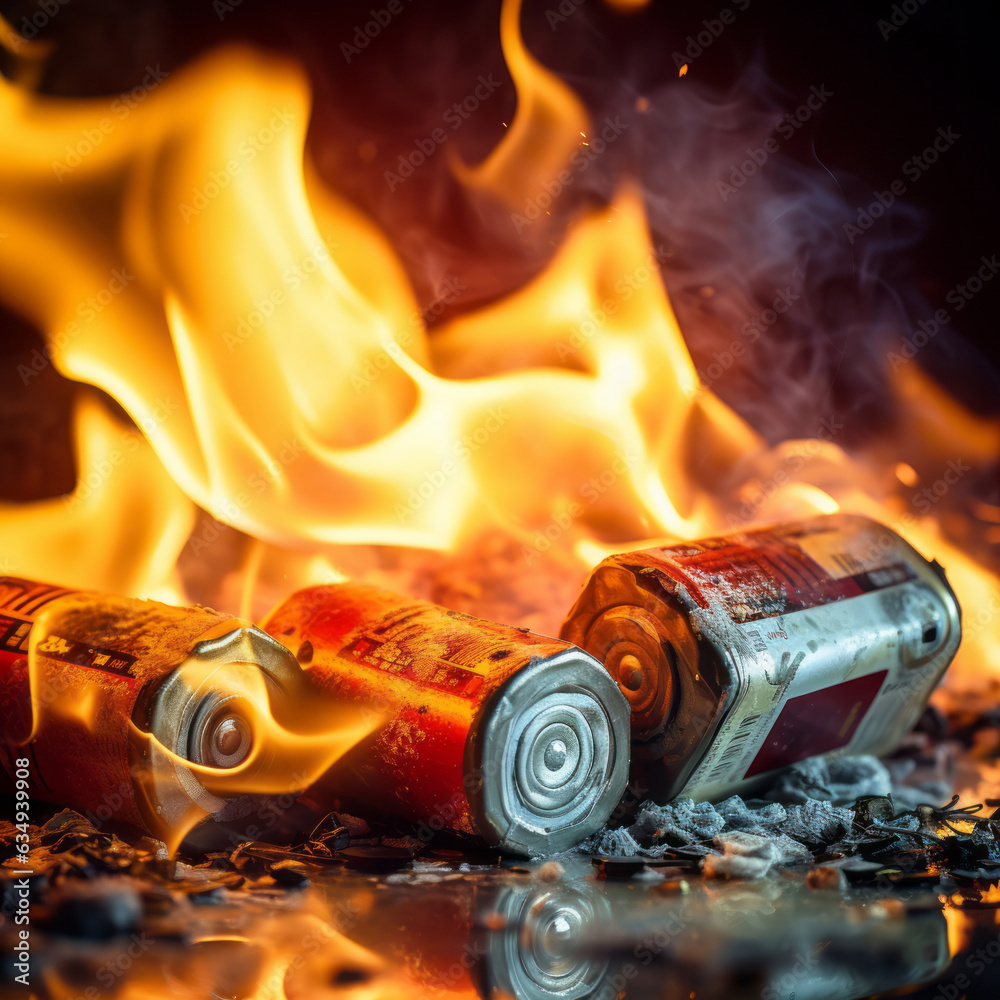 Lithium-ion batteries are burning, red fire around, rechargeable ...