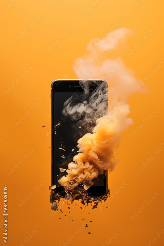 Smartphone burn, fume and destructed on yellow color background ...