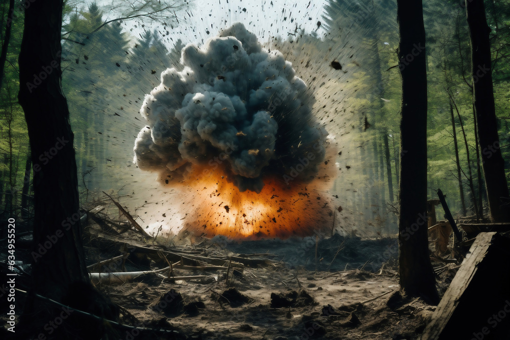Powerful bomb explosion in the forest or taiga. Fallen trees fire and ...