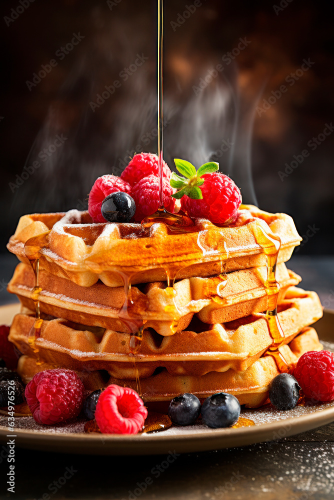 a stack of golden-brown waffles topped with fresh berries and a drizzle ...