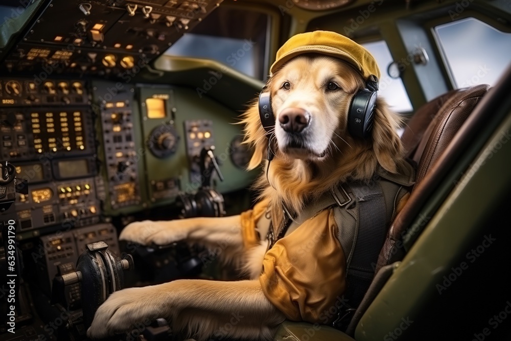 excited golden retriever dog dressed as a pilot sitting in a cockpit ...
