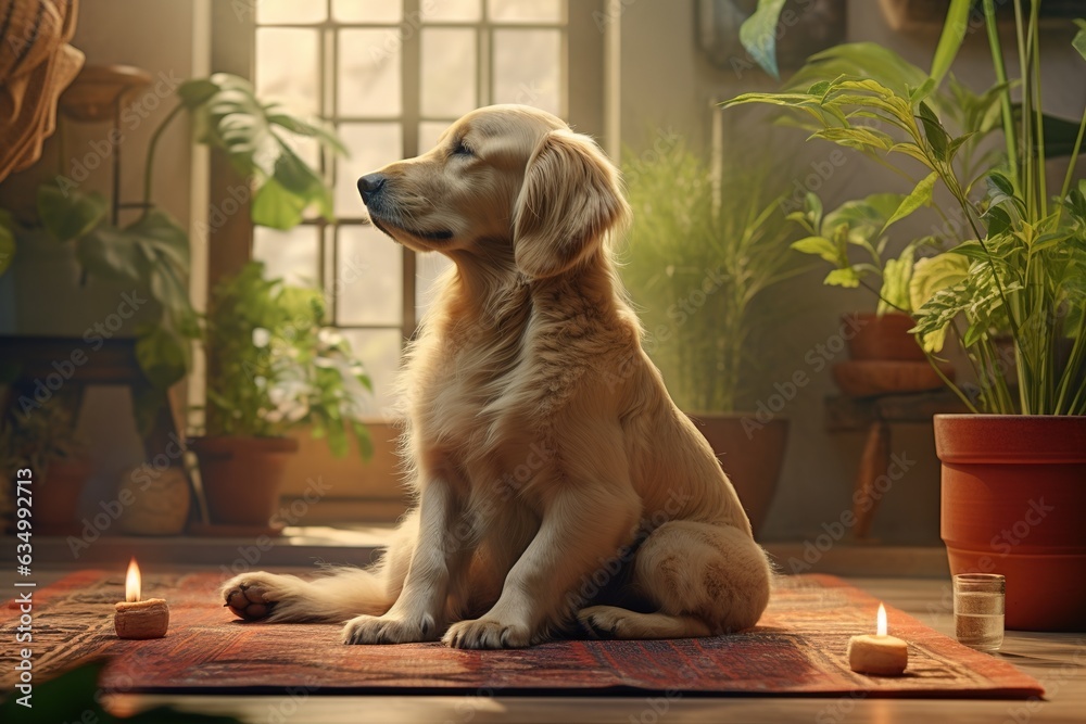 relaxed calm Golden Retriever dog sitting, lying on a yoga mat, doing ...