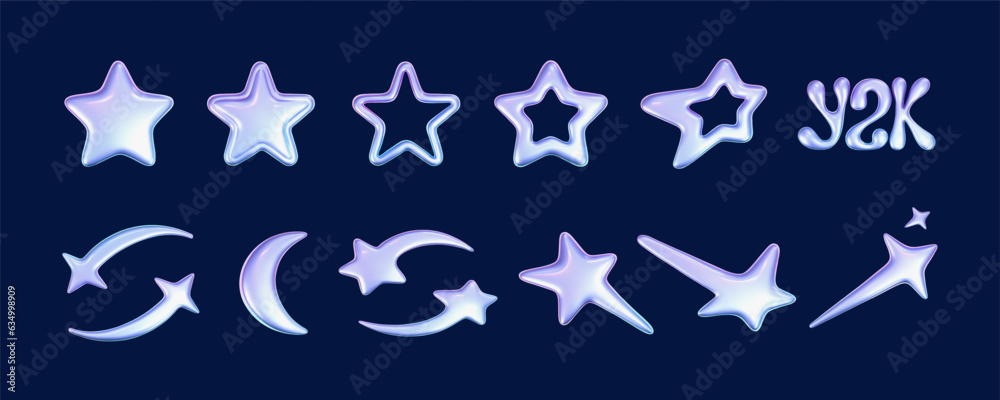 3d holographic stars set in y2k futuristic style isolated on dark ...