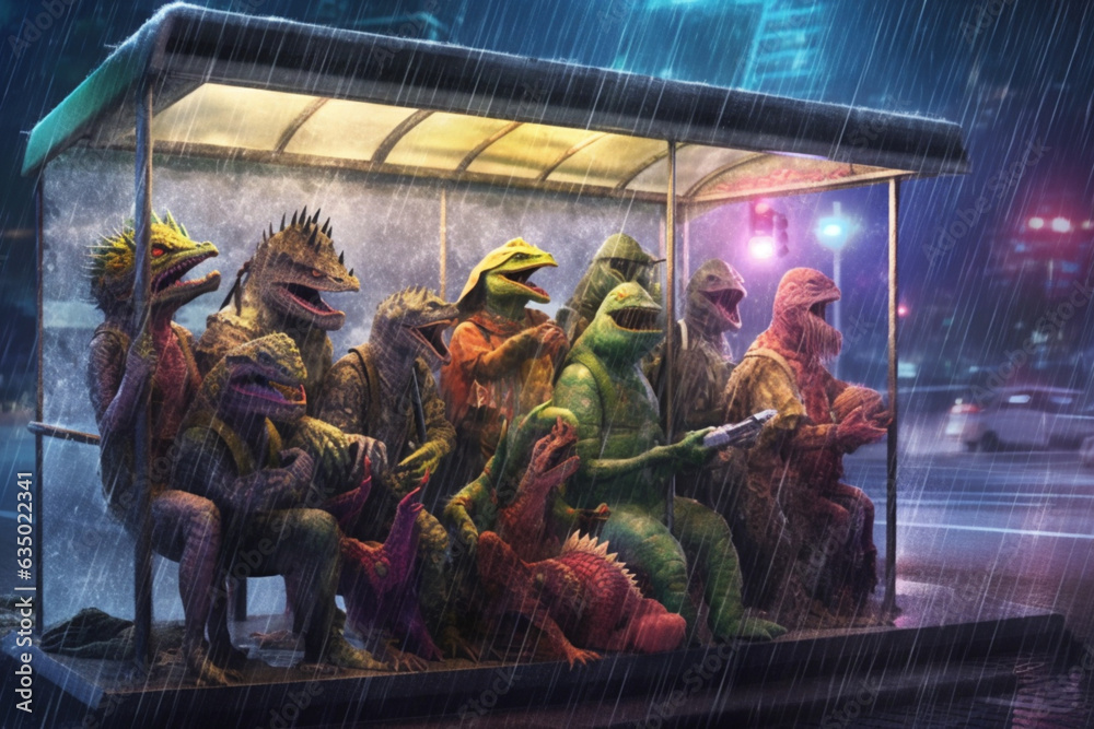 Stock-Illustration „Colorful cute alien monsters waiting for the bus at ...