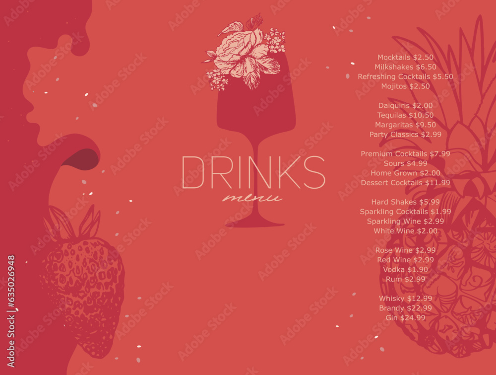 Drinks menu design template. Strawberry, pineapple, rose, wine glass ...