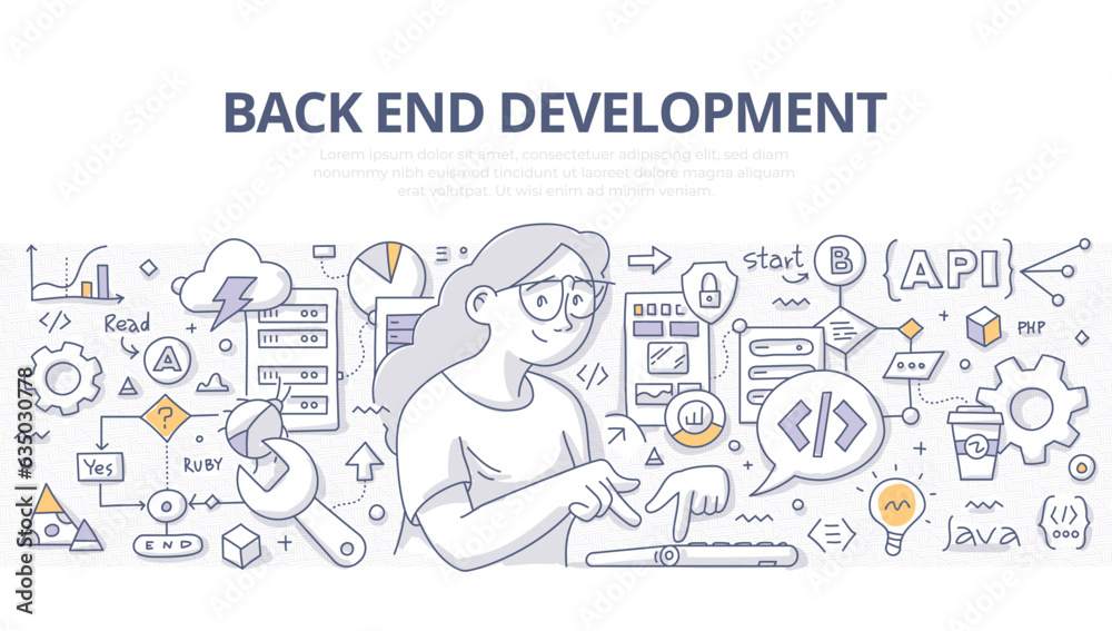 Back-end development doodle concept. Woman developer coding and ...