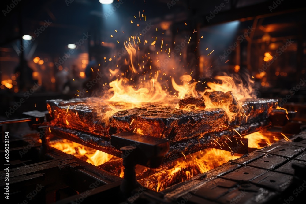 Fiery sparks flying as a blacksmith hammers red-hot metal - stock ...