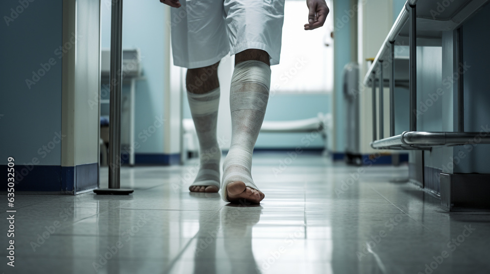 Generative AI, broken leg in plaster, white bandages, limb fracture ...