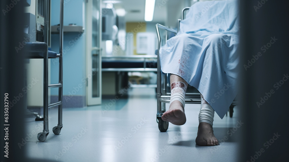 ภาพประกอบ Stock Generative AI, broken leg in plaster, white bandages ...