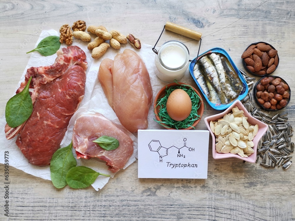 Tryptophan rich foods with structural chemical formula of essential ...