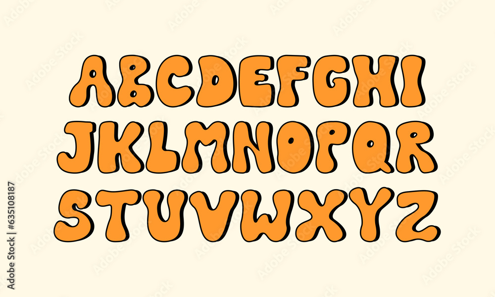 Groovy alphabet in hippie retro style. Vector flat illustration Stock ...