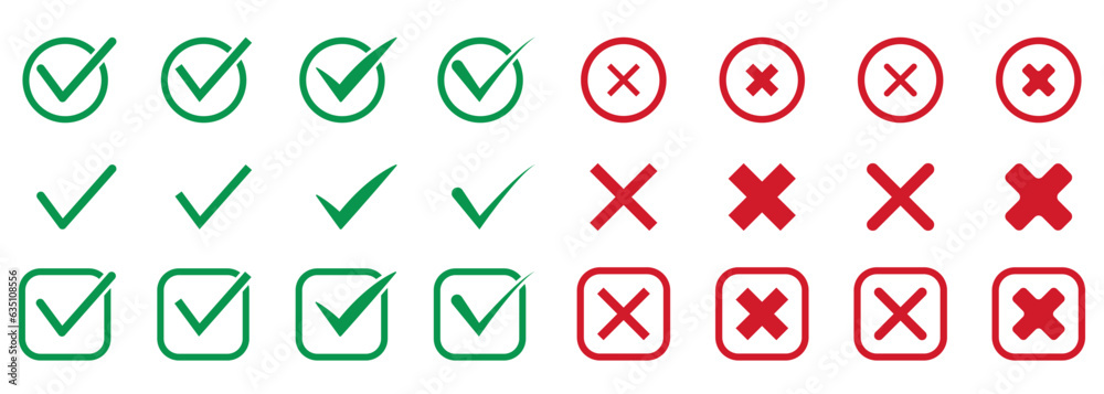 Check Mark, Tick and Cross Red and Green Silhouette Icon Set. Checkmark Pictogram. Right and ...